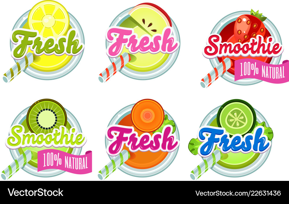 Fresh smoothies logo set lemon apple strawberry Vector Image