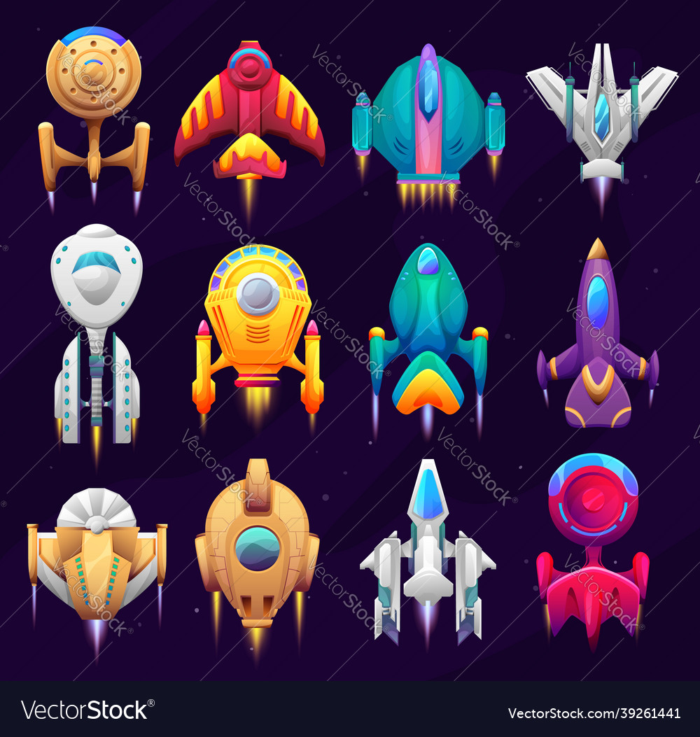 Cartoon galaxy space starships game asset set Vector Image