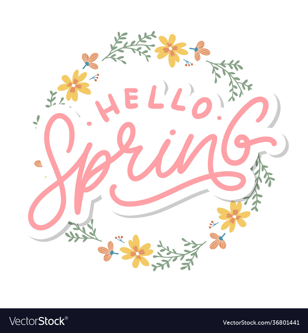 Hello spring flowers text background frame Vector Image