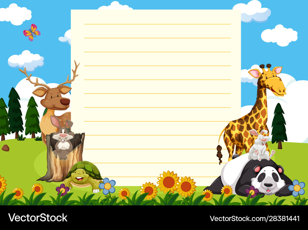 Paper template with many animals in garden Vector Image