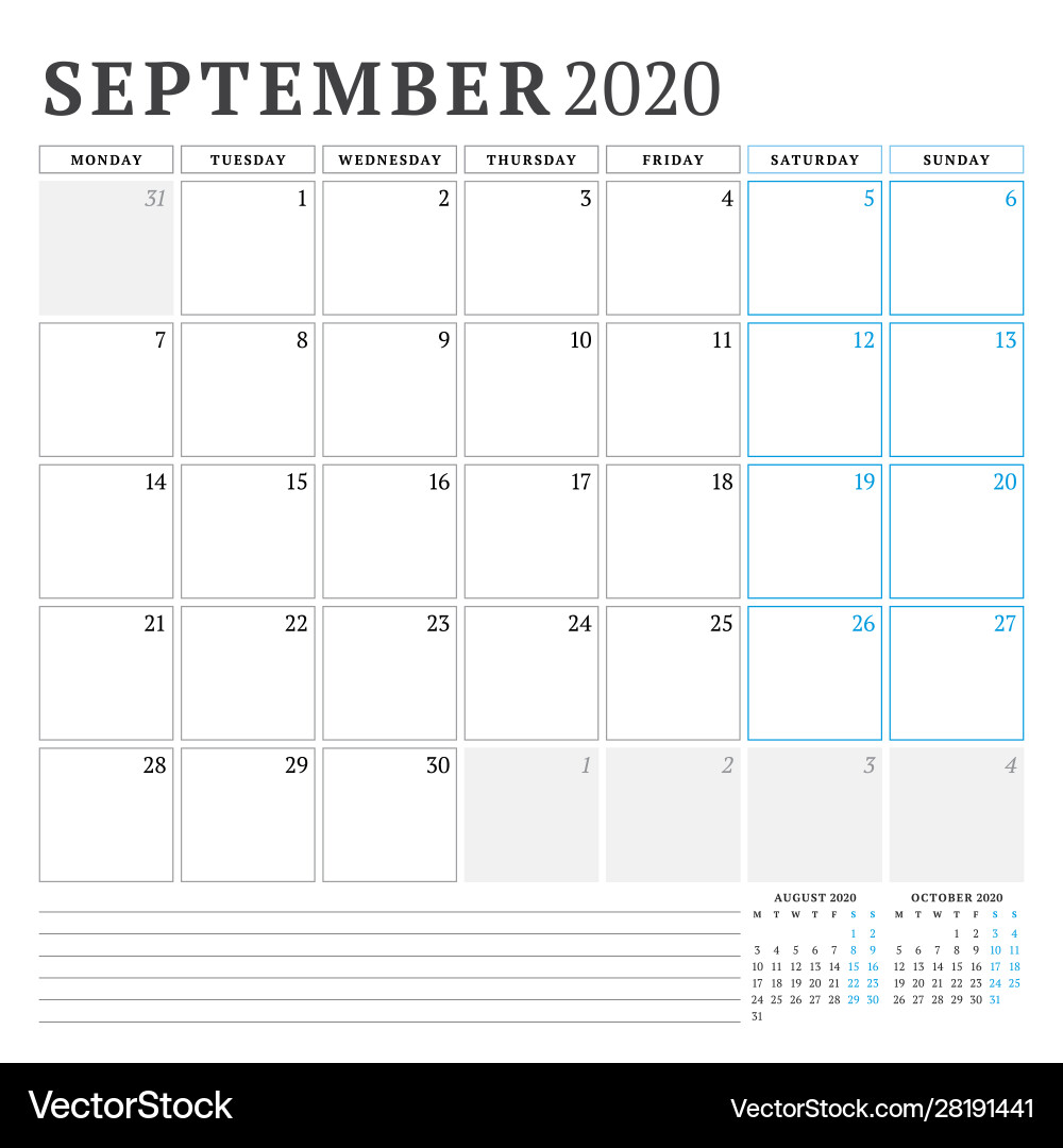 September 2020 calendar planner stationery design Vector Image