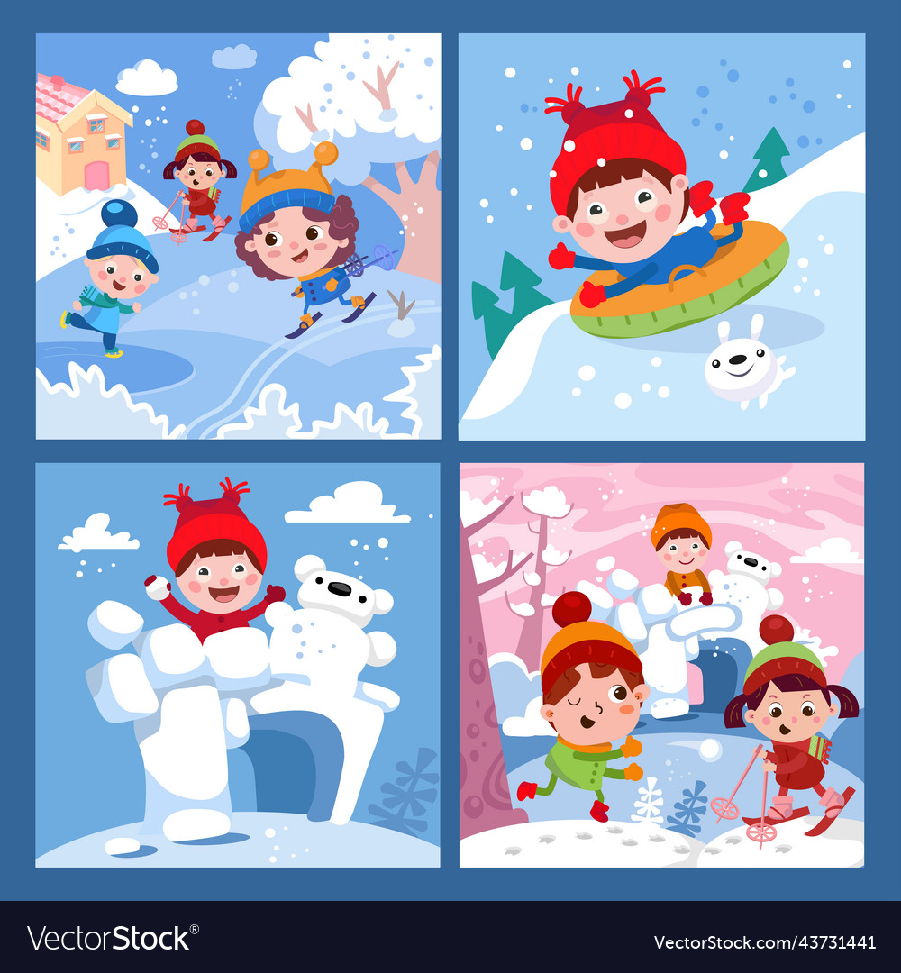Set of winter scenes cute kids playing snowballs Vector Image