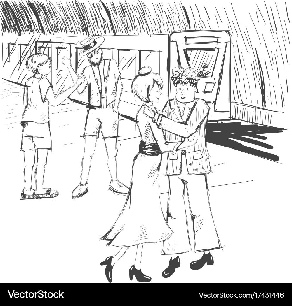 Comic strip people say goodbye at the subway Vector Image