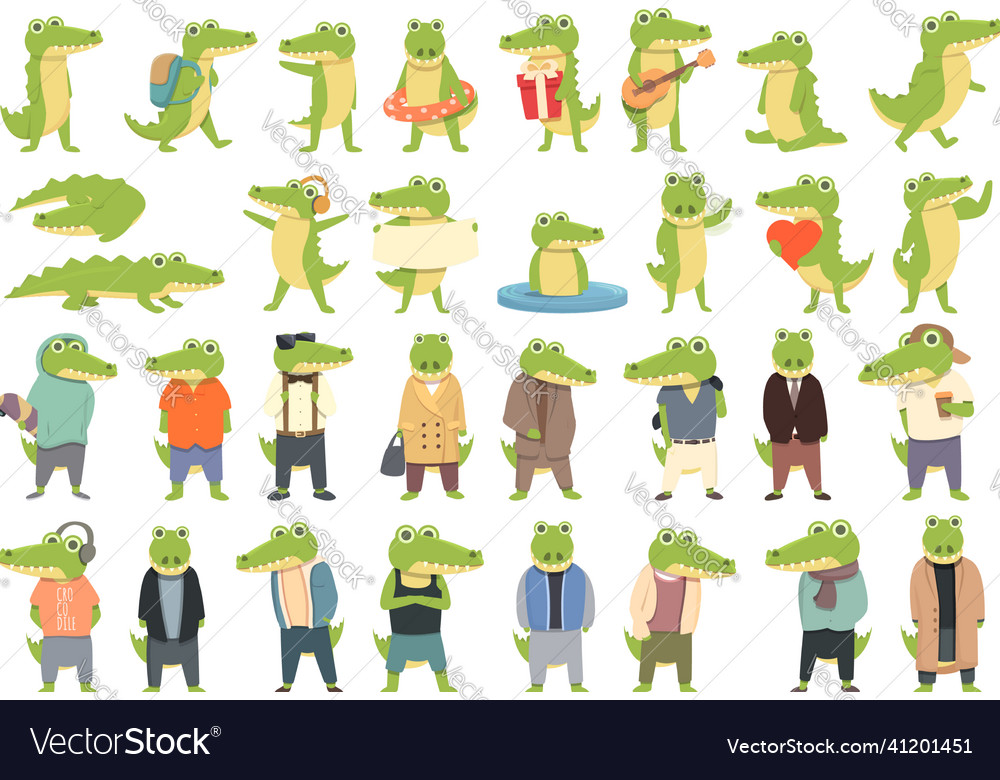 Alligator icons set cartoon crocodile Royalty Free Vector