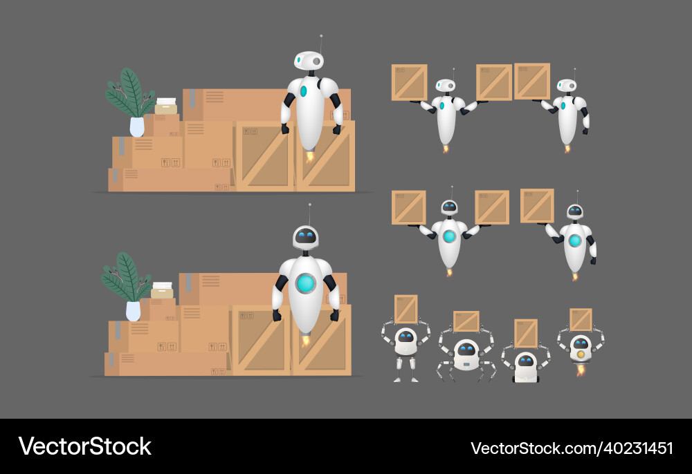 Big set of white flying robots with boxes Vector Image
