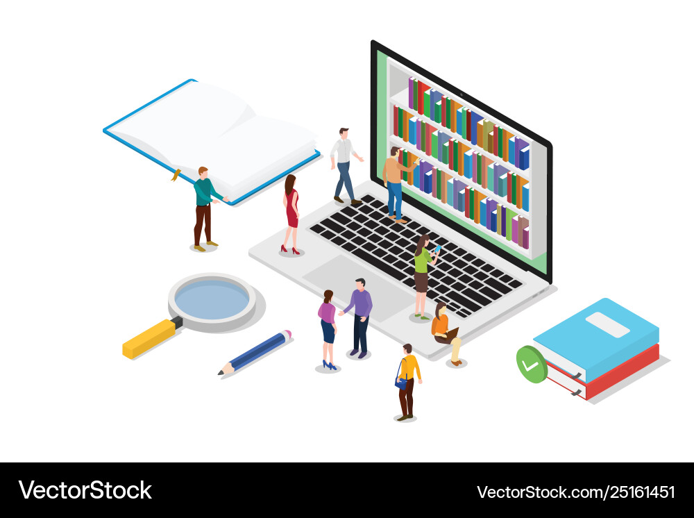 Isometric 3d online reading concept with books Vector Image