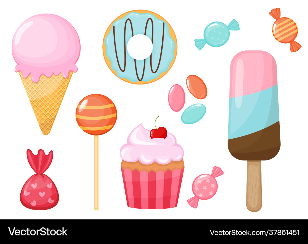 Set cartoon sweets and candies Royalty Free Vector Image