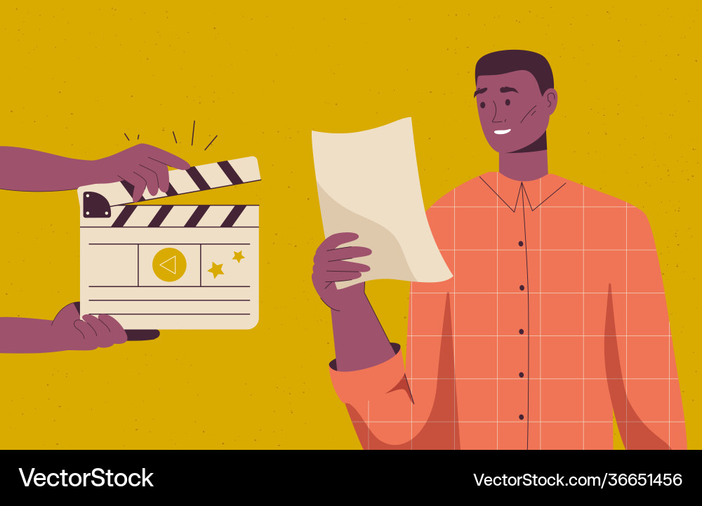 Backstage filmmaking scene actor rehearses Vector Image
