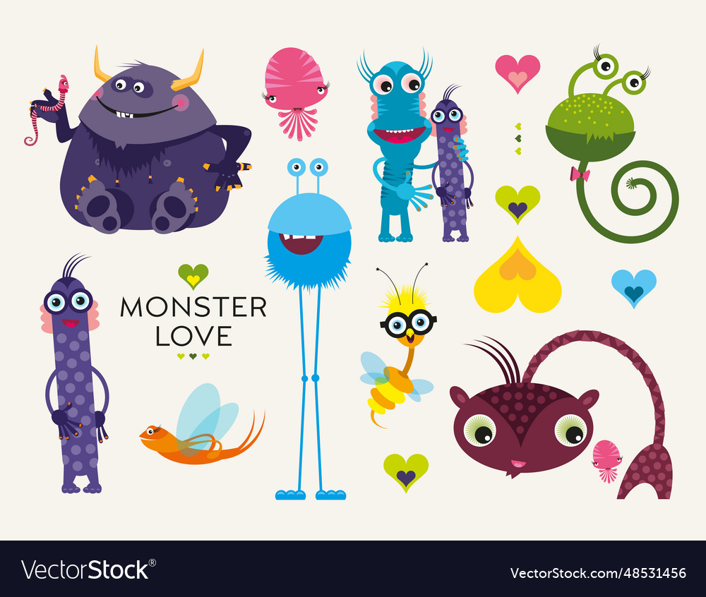 Cliparts cute monsters in love Royalty Free Vector Image
