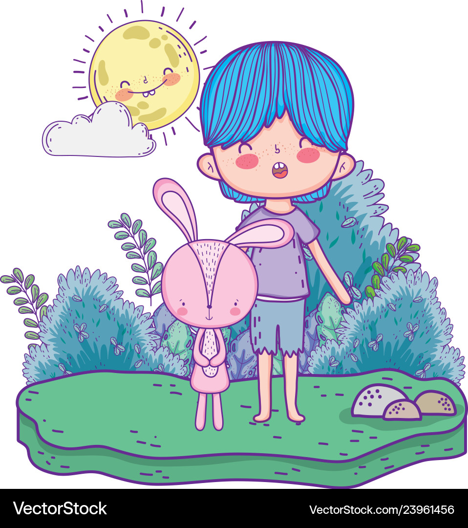 Little rabbit with boy in the landscape Royalty Free Vector