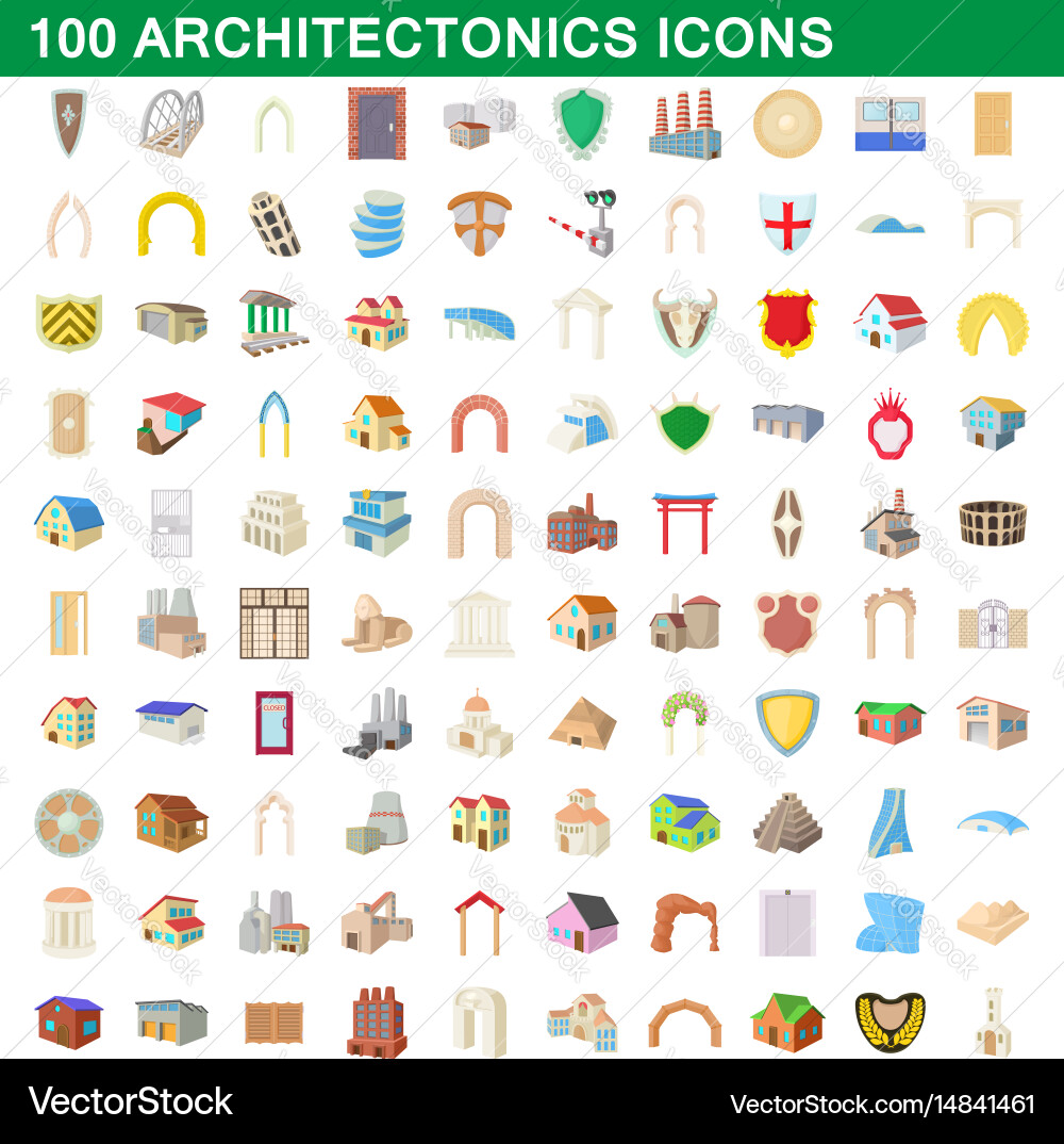 100 architectonics icons set cartoon style Vector Image