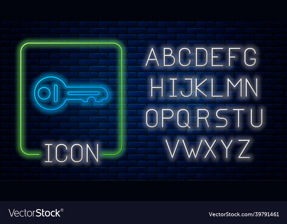 Glowing neon old key icon isolated on brick wall Vector Image
