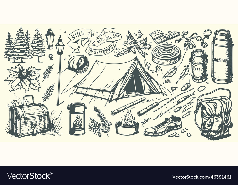 Sketch-style vintage set depicting outdoor Vector Image Sketch-style vintage set depicting outdoor Vector Image