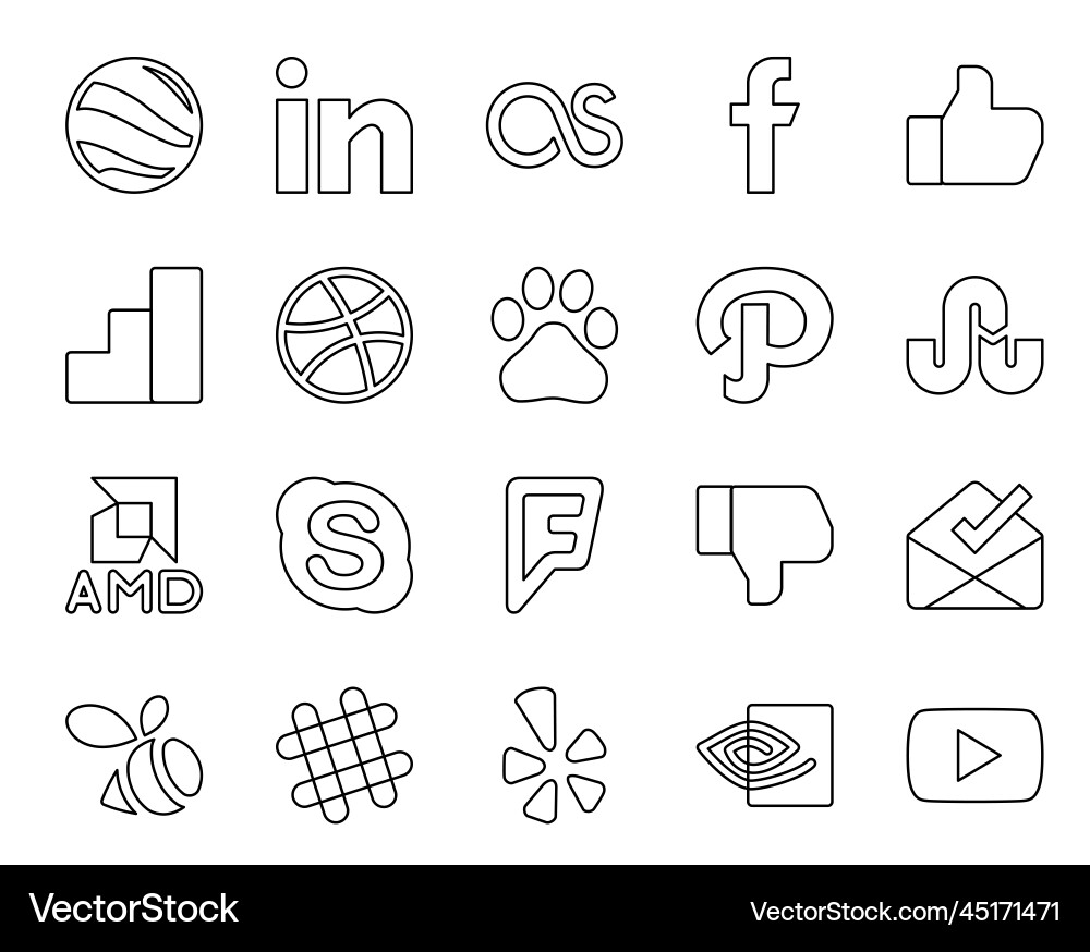 20 social media icon pack including slack inbox Vector Image