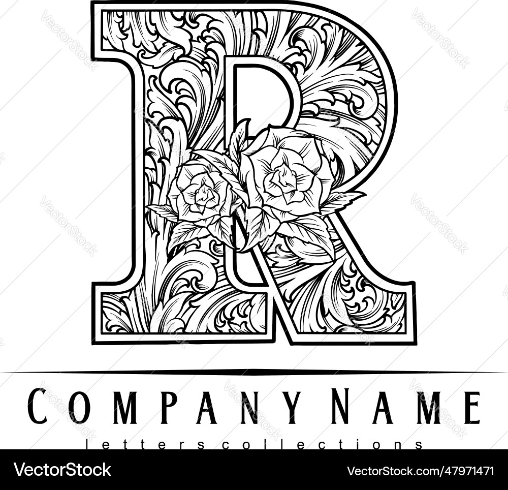 Vintage botanical r engraved flower monogram Vector Image