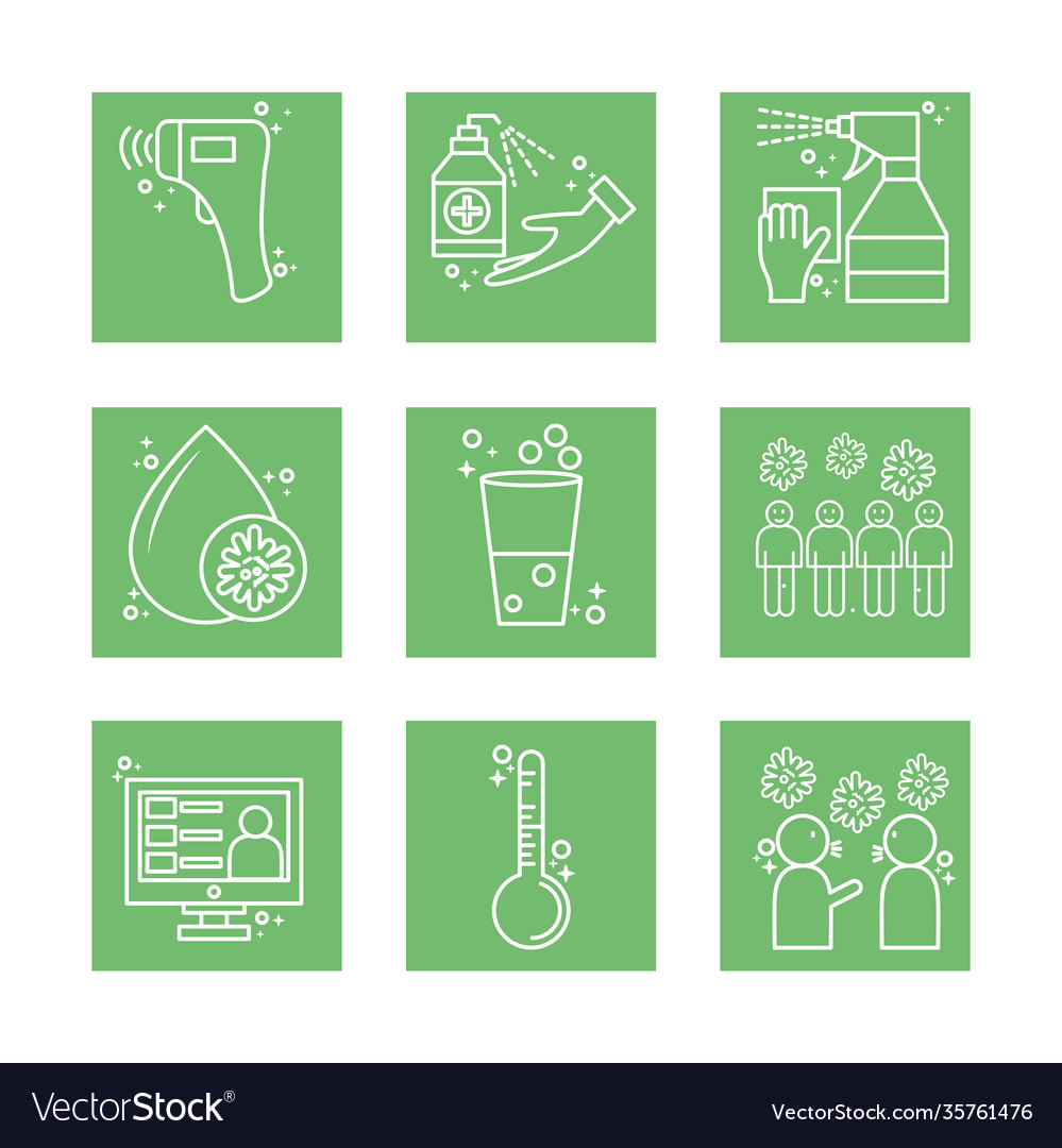 Bundle nine covid19 pandemic set line style Vector Image