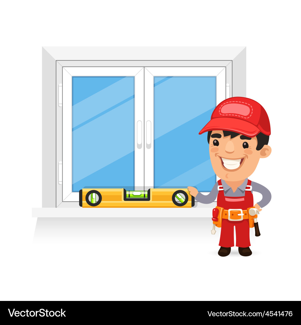 Carpenter checks new window Royalty Free Vector Image