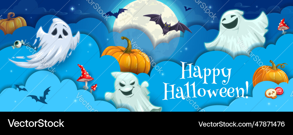 Halloween paper cut cartoon flying ghost monsters Vector Image