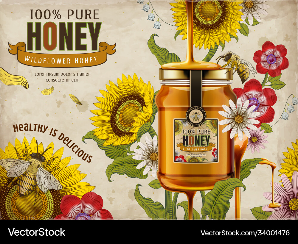 Wildflower honey ads delicious dripping Royalty Free Vector