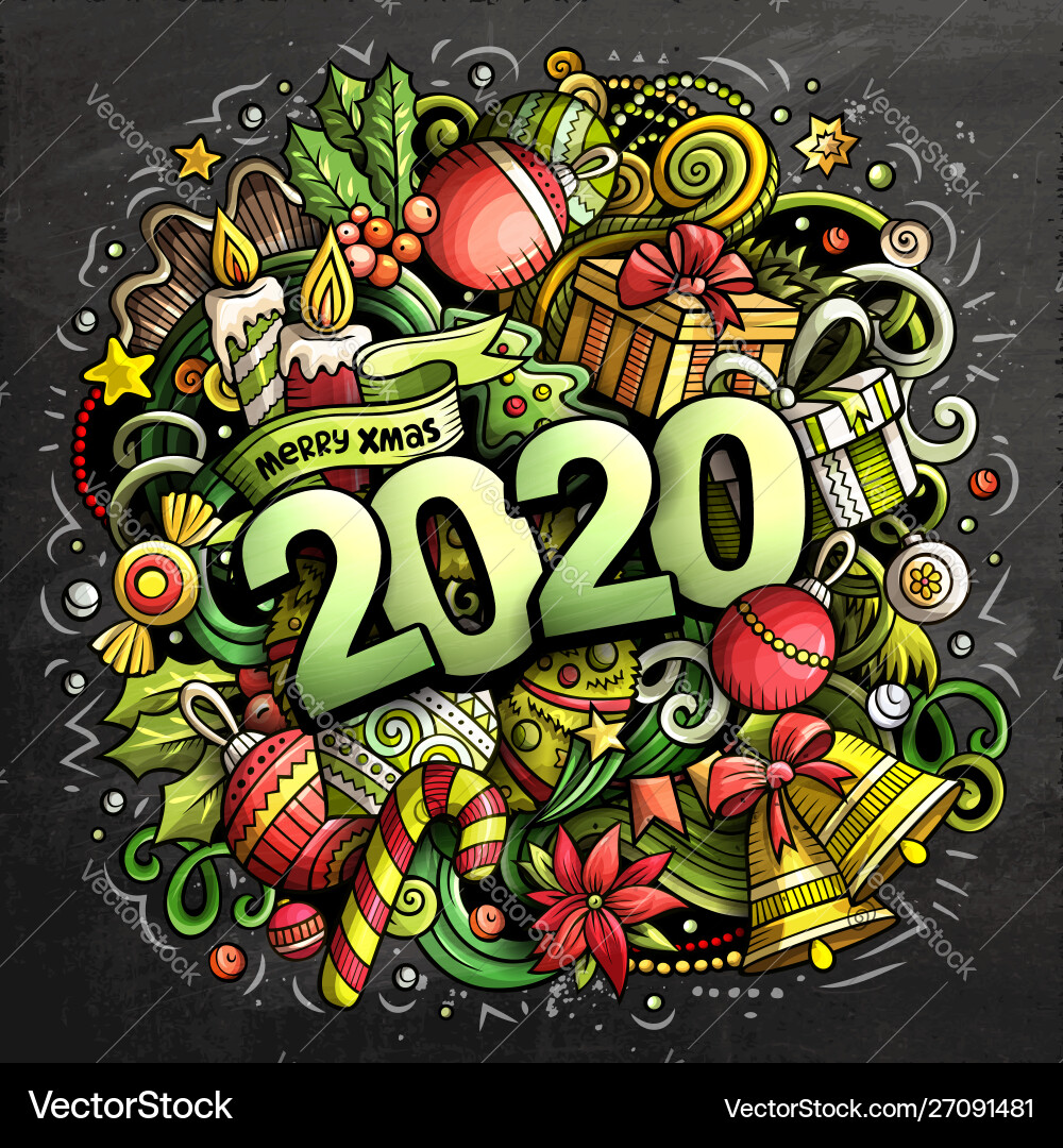 2020 hand drawn doodles chalk board Royalty Free Vector