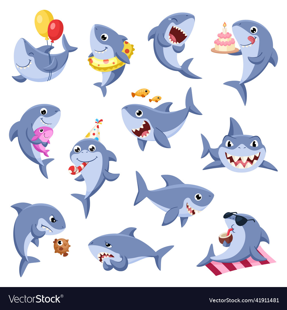 Cute sharks set underwater sharks marine cartoon Vector Image