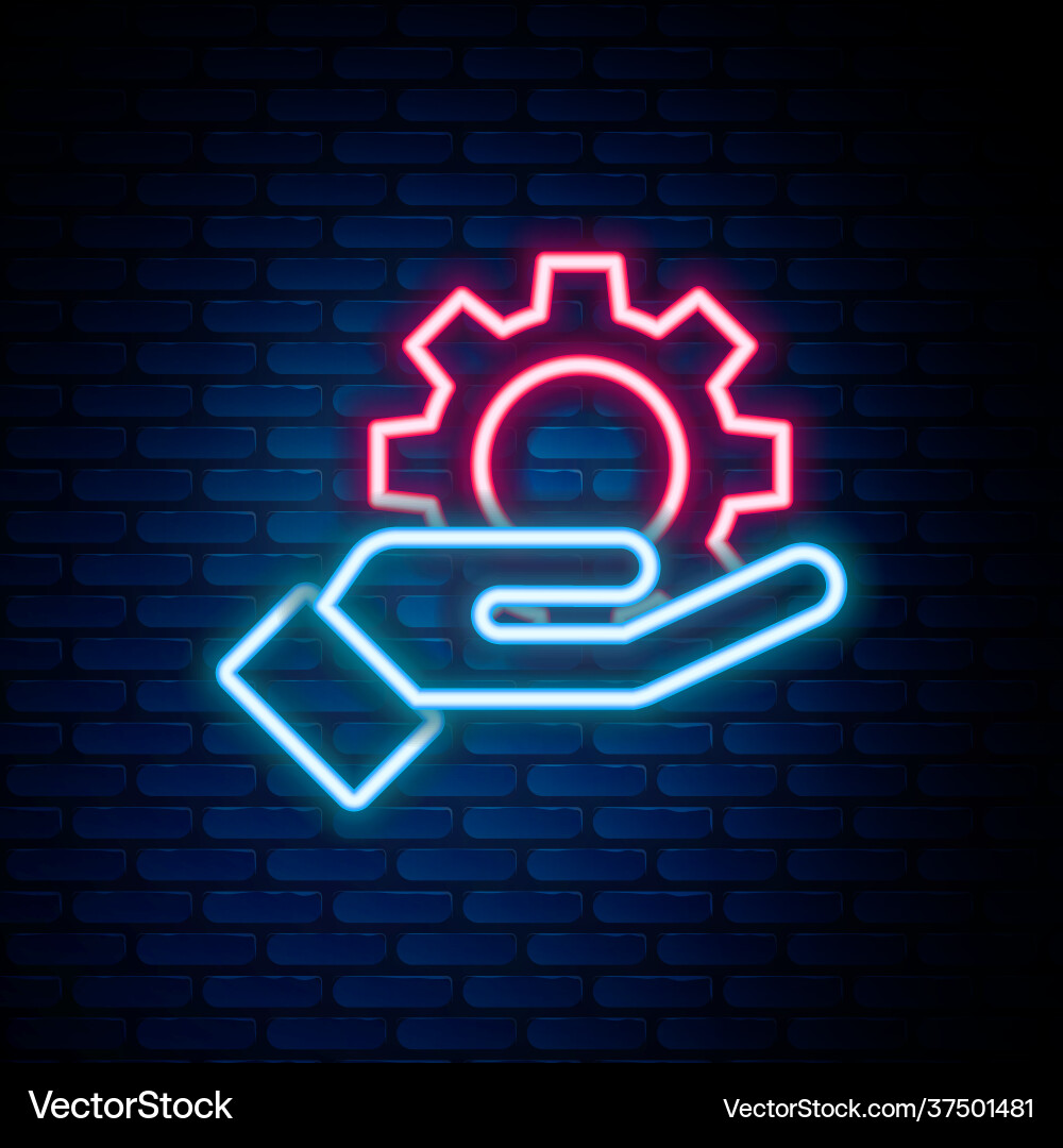 Glowing neon line hand settings gear icon isolated