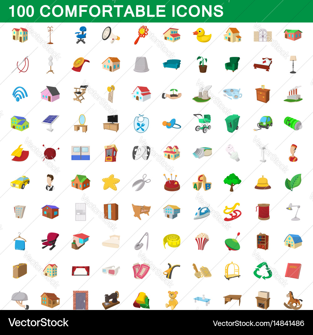 100 comfortable icons set cartoon style Royalty Free Vector
