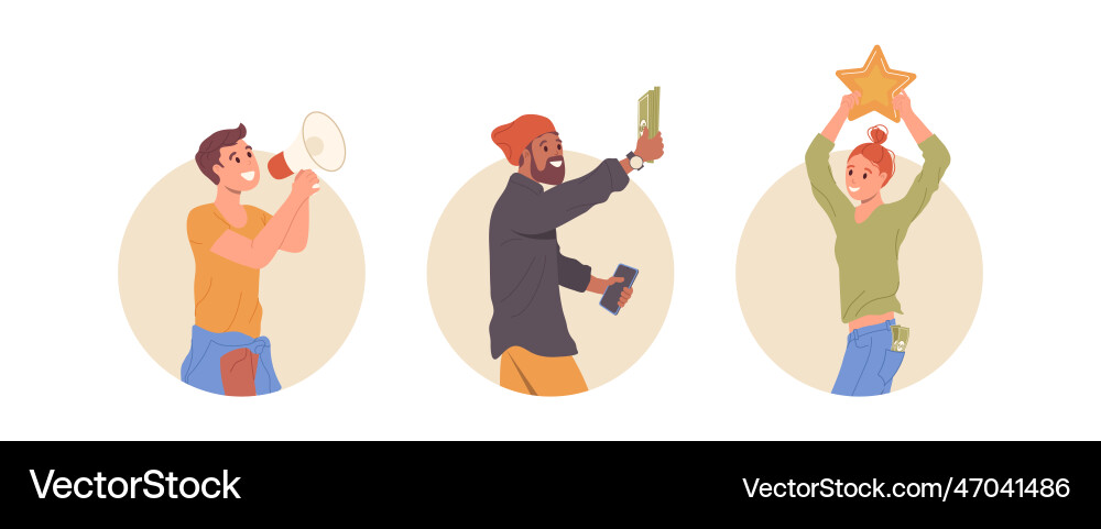 Round icons set with happy people participating Vector Image