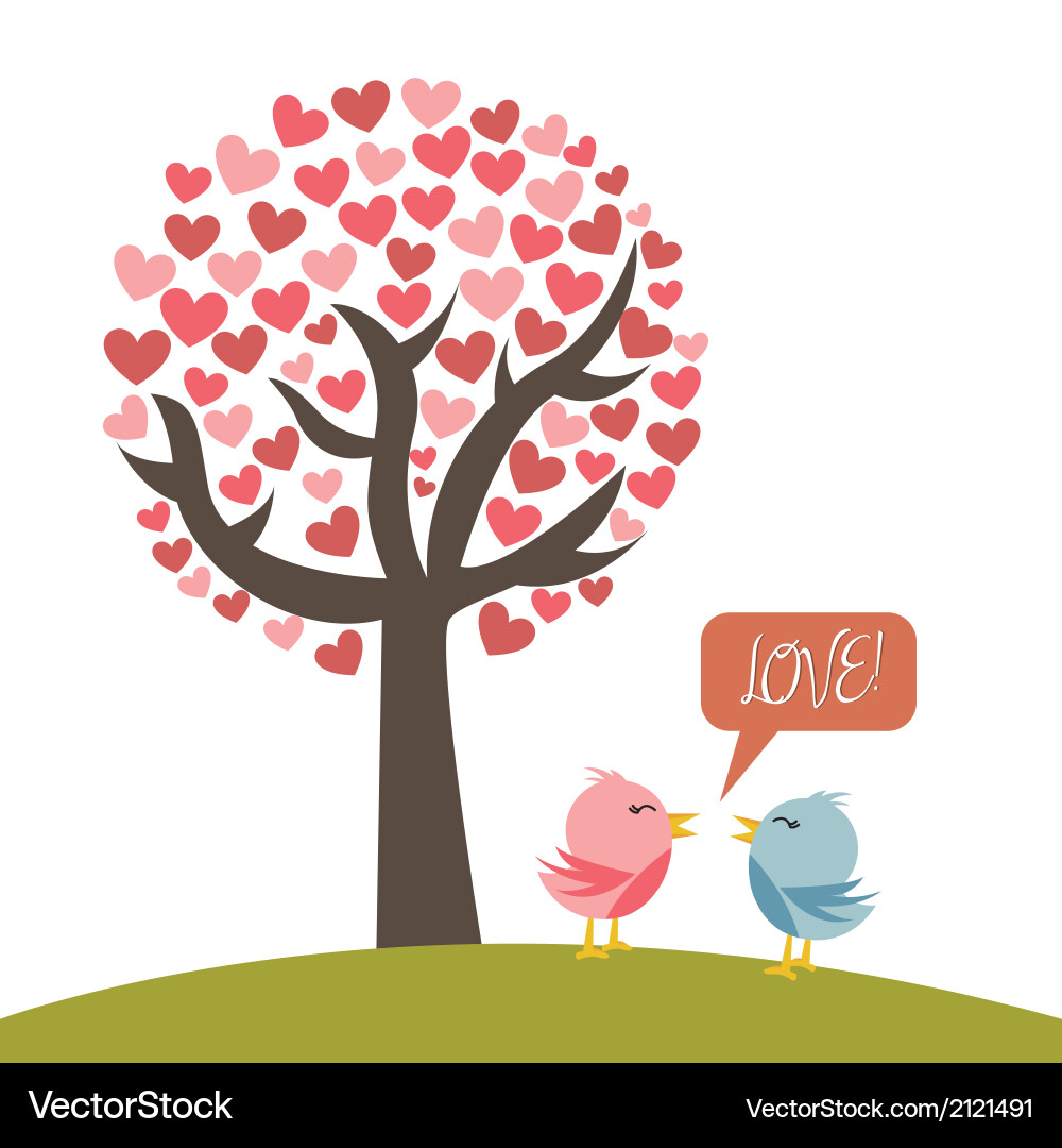 Cute love birds with tree over white background Vector Image