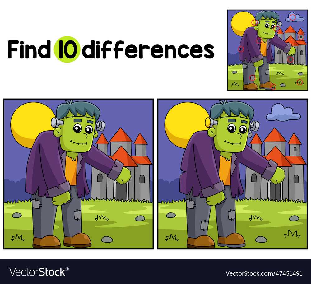 Frankenstein halloween find the differences Vector Image
