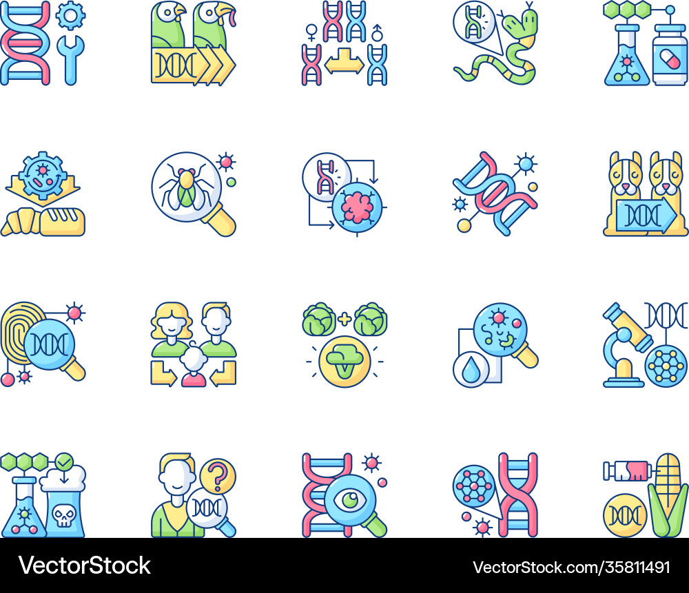 Genetic engineering rgb color icons set Royalty Free Vector
