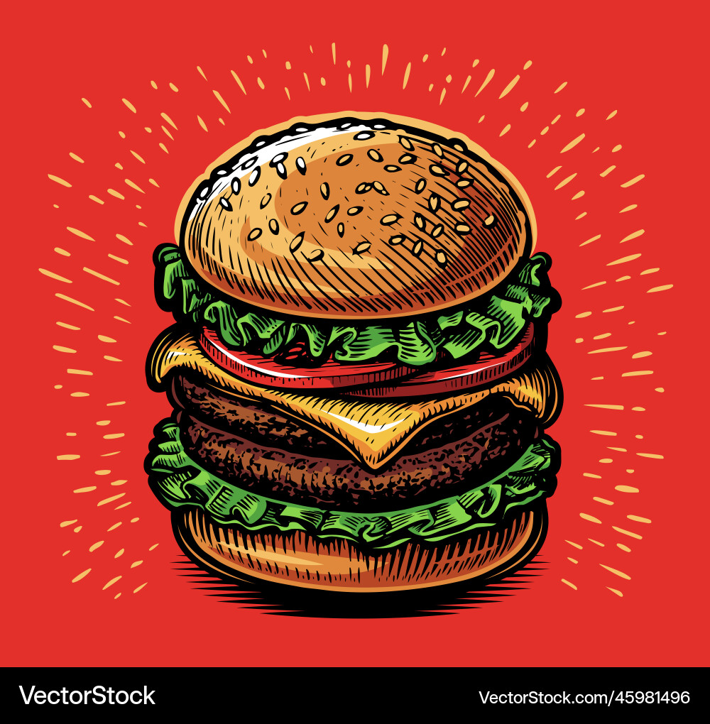 Big burger juicy hamburger retro comic style pop Vector Image