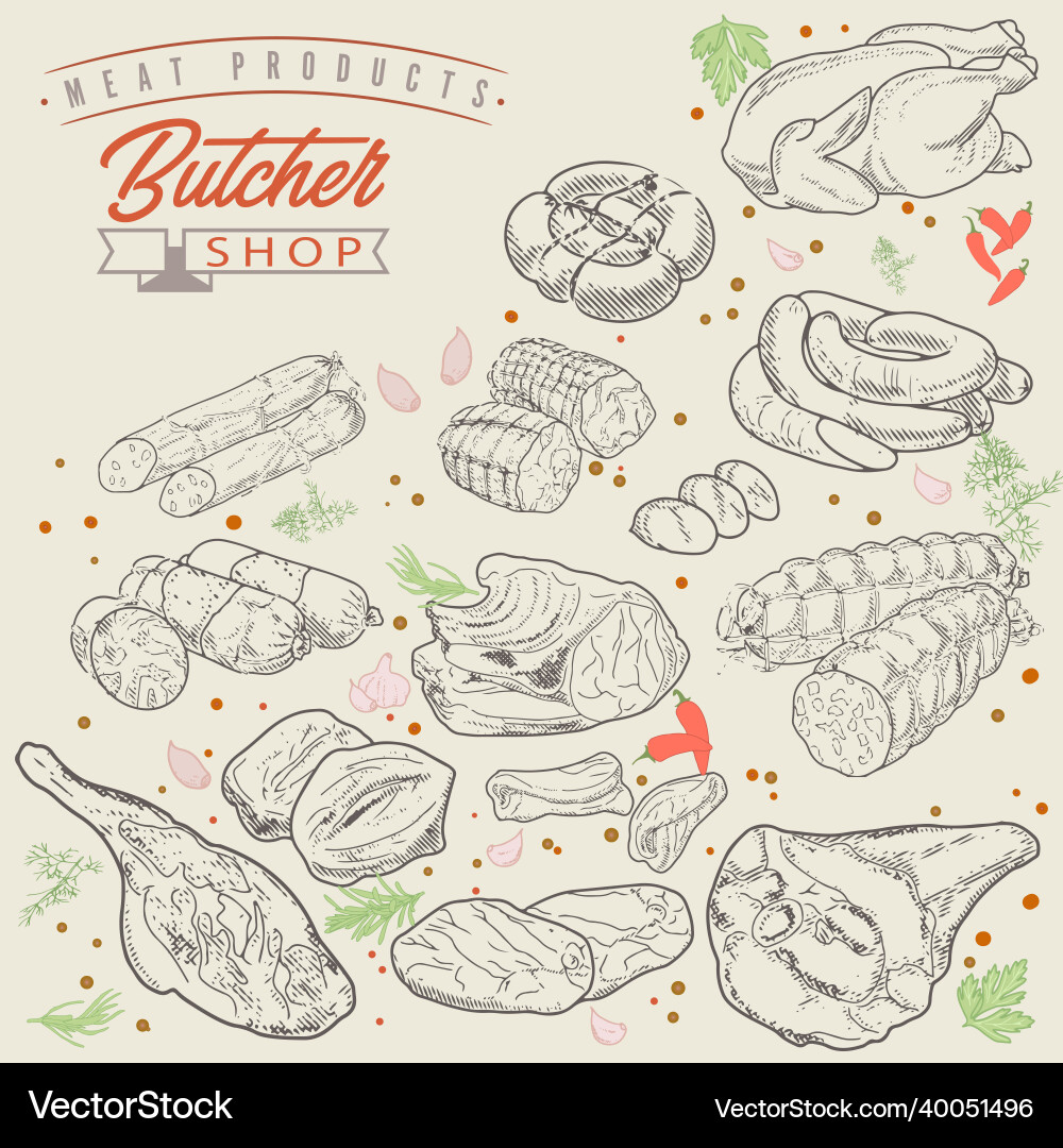 Meat products and sausages Royalty Free Vector Image