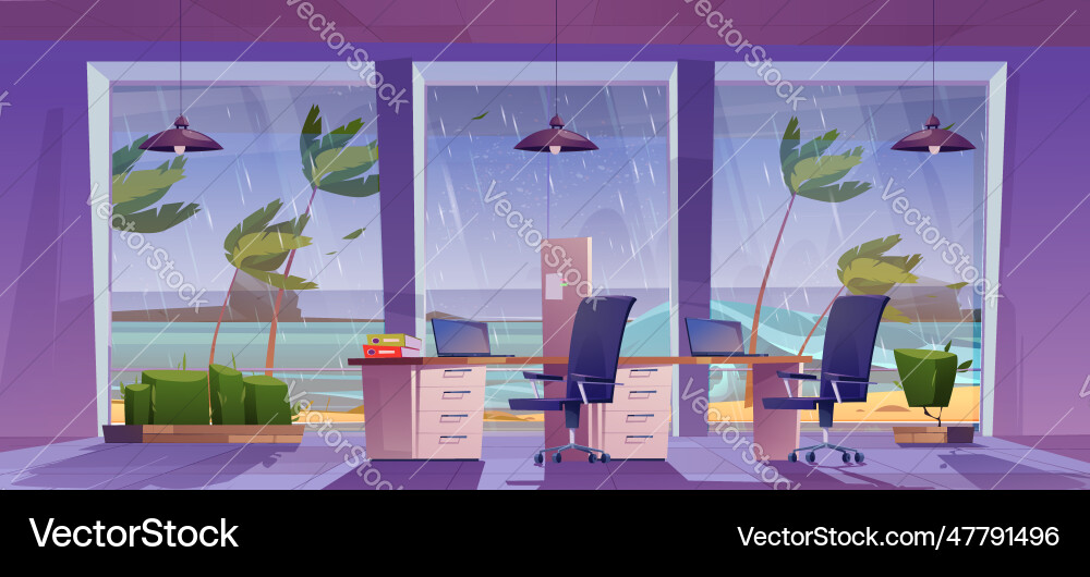 Rain and sea storm wave view from office room Vector Image