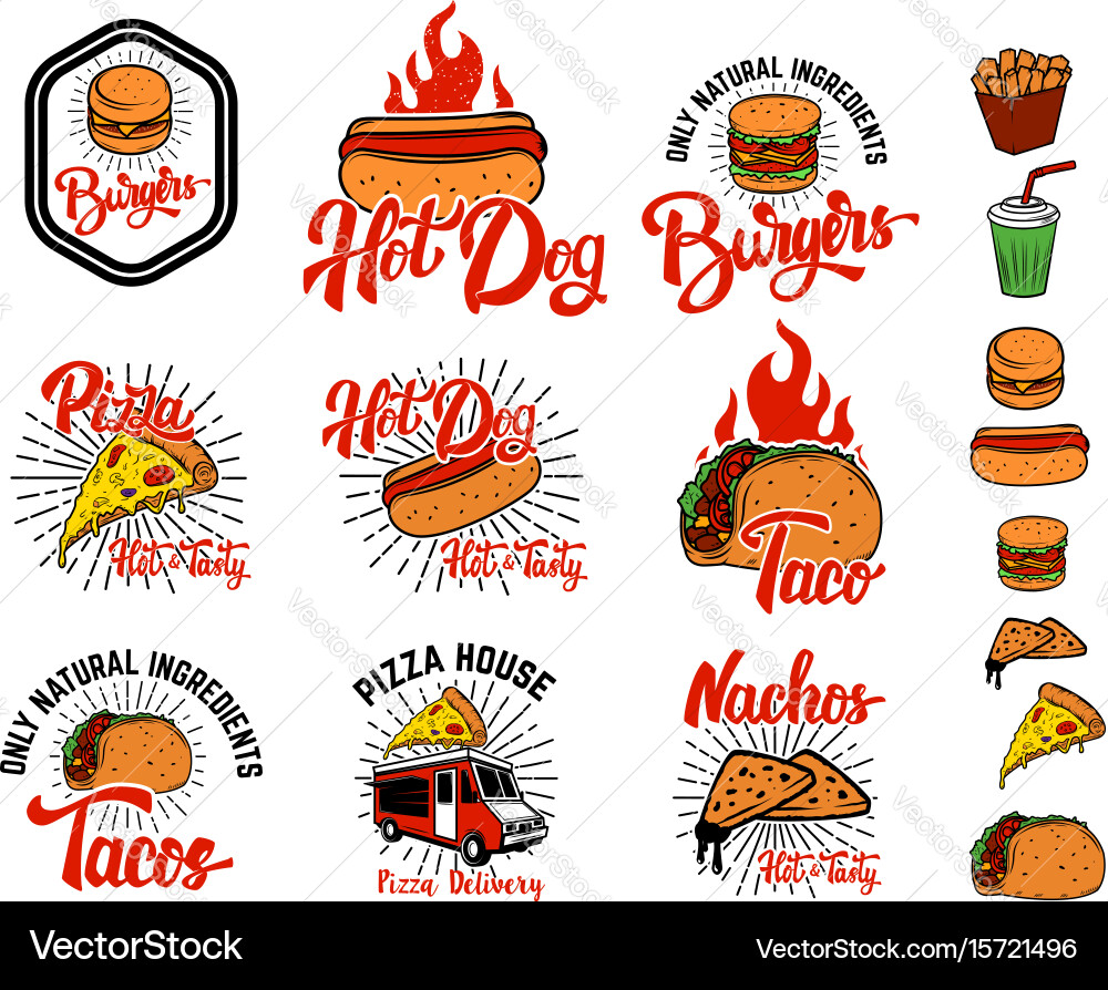 Set hand drawn fast food emblems pizza hot dog Vector Image