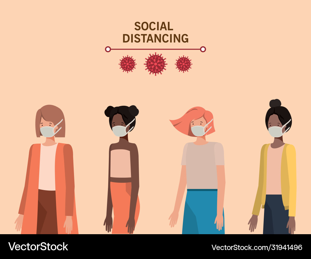 Social distancing between girls with masks Vector Image