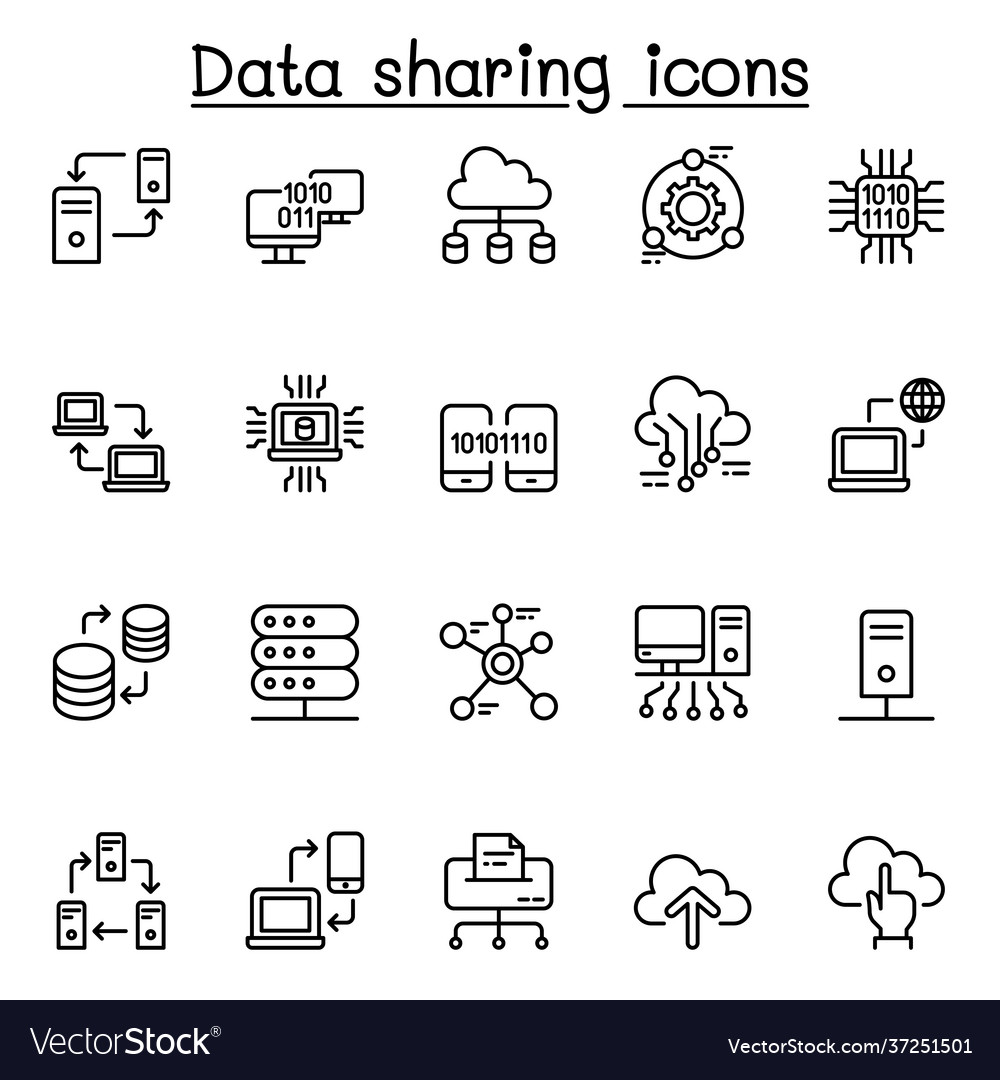Computer network sharing data icon set in thin Vector Image