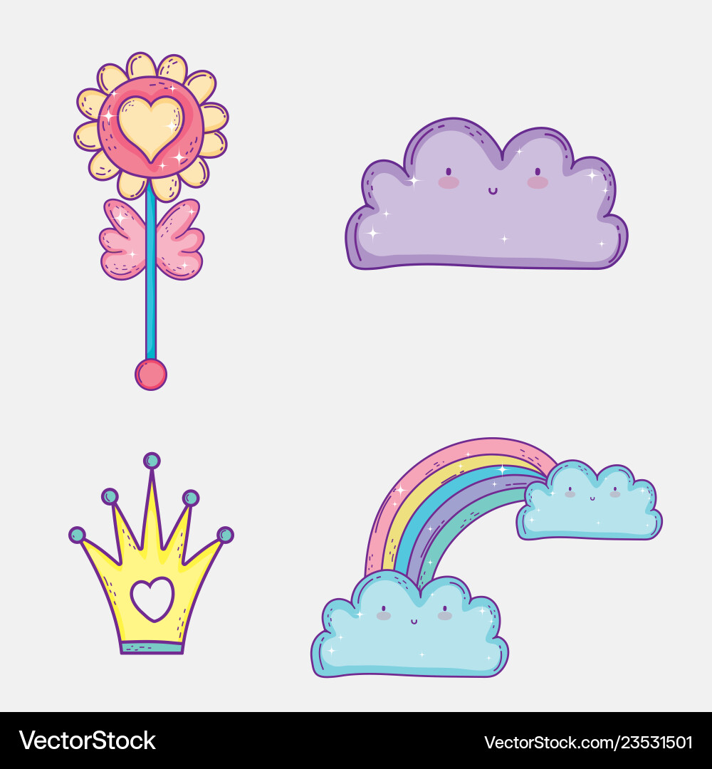 Set kawaii cloud and rainbow with clouds crown Vector Image