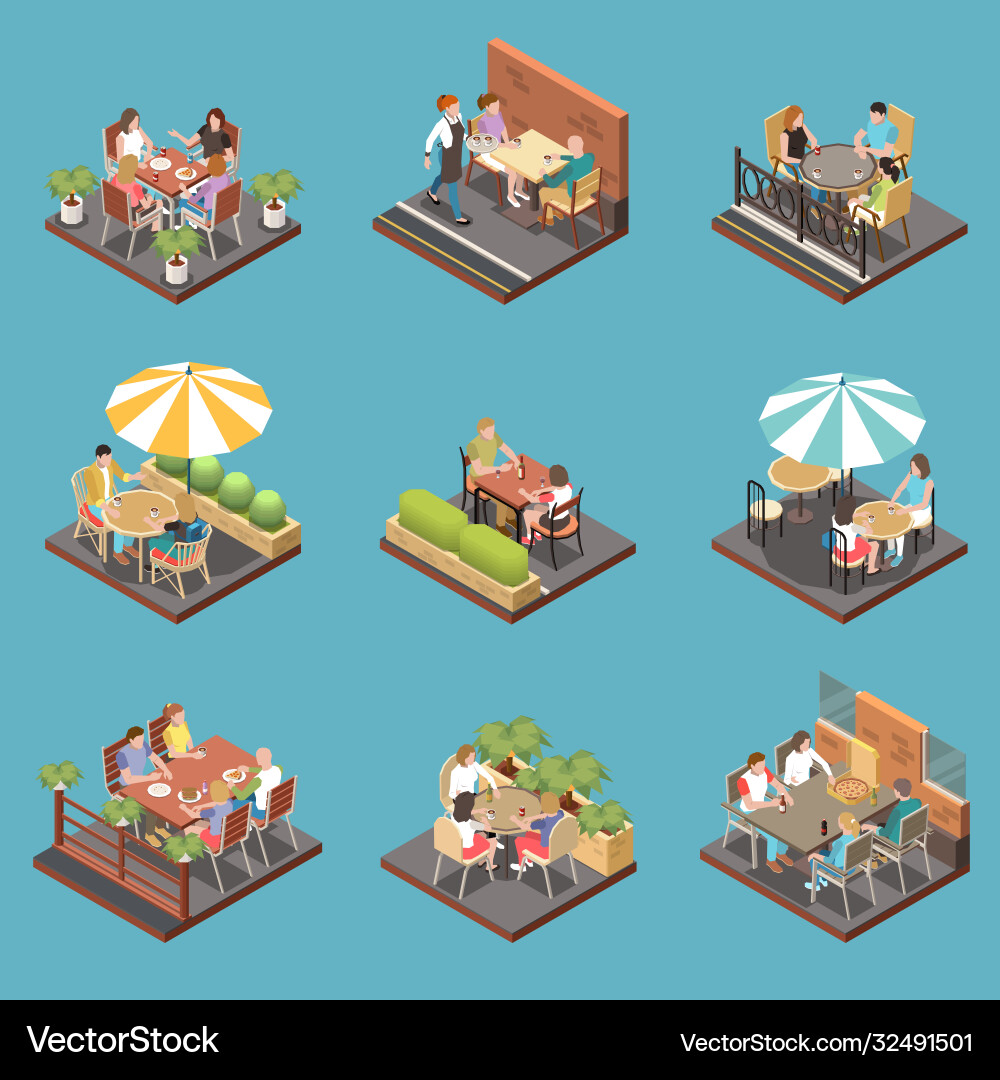 Street cafe terrace isometric icon set Royalty Free Vector