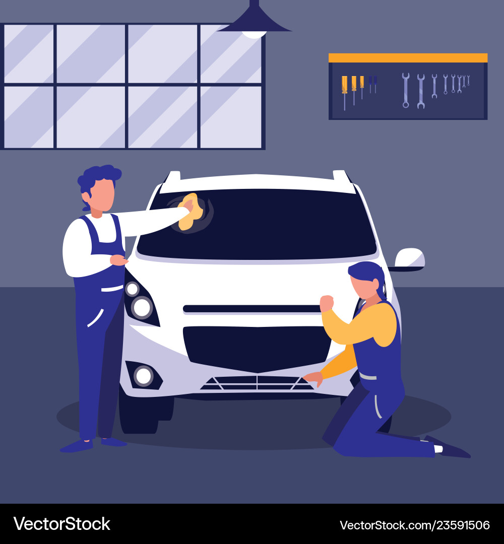 Car in maintenance workshop with mechanics team Vector Image