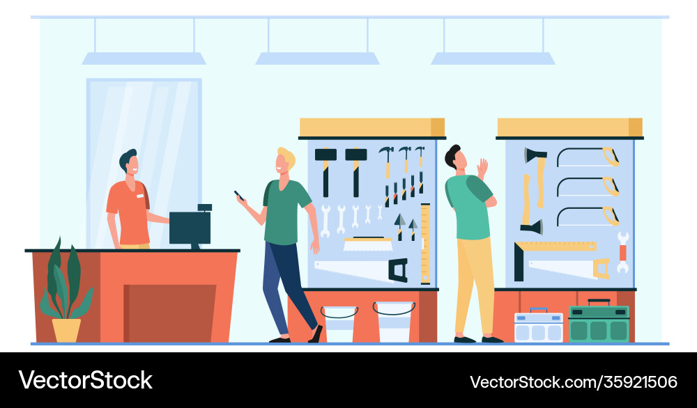 Happy men choosing and buying hardware Royalty Free Vector