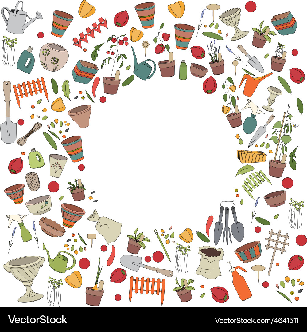 Round frame with gardening tools flower pots and Vector Image