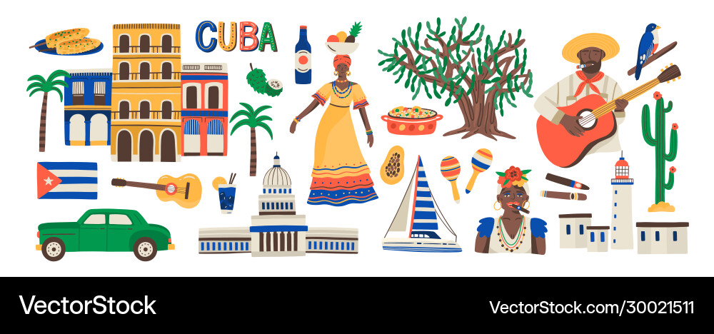 Set various traditional cuba colorful Royalty Free Vector