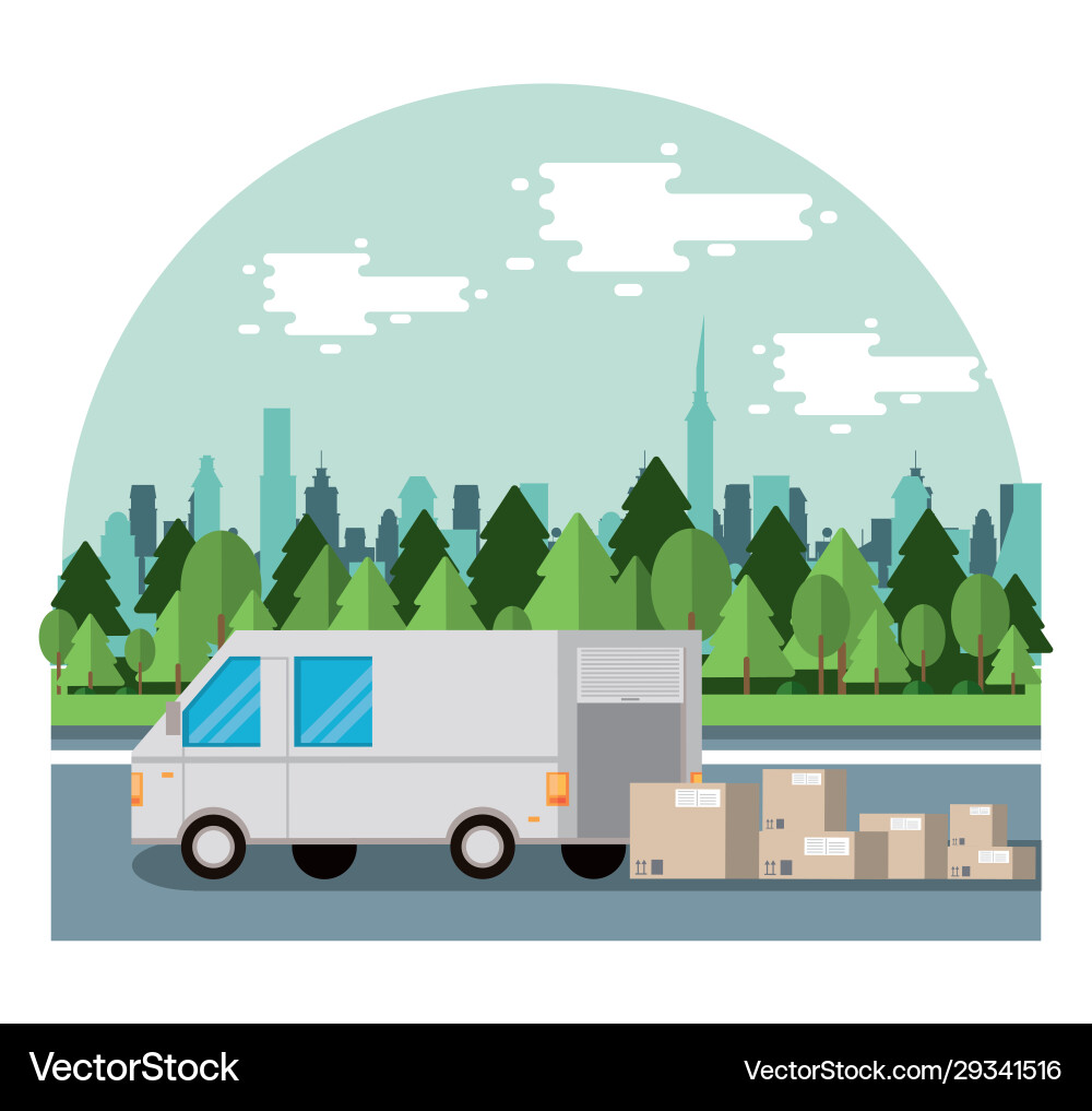 Van delivery service on road scene Royalty Free Vector Image