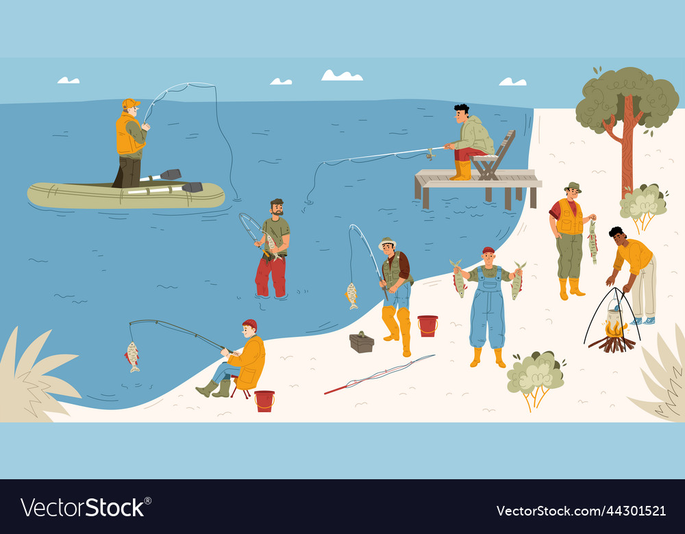 Fishermen with rods catch fish in river Royalty Free Vector