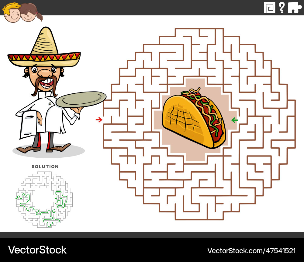 Maze game with cartoon chef character with taco Vector Image