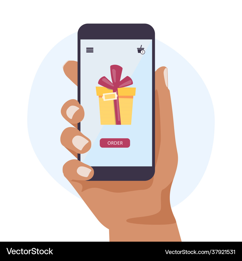 Close up hand holds a smartphone with a gift Vector Image