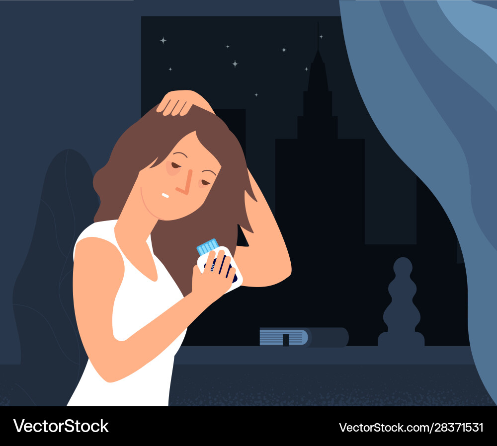 Insomnia problem sleepy woman character Royalty Free Vector