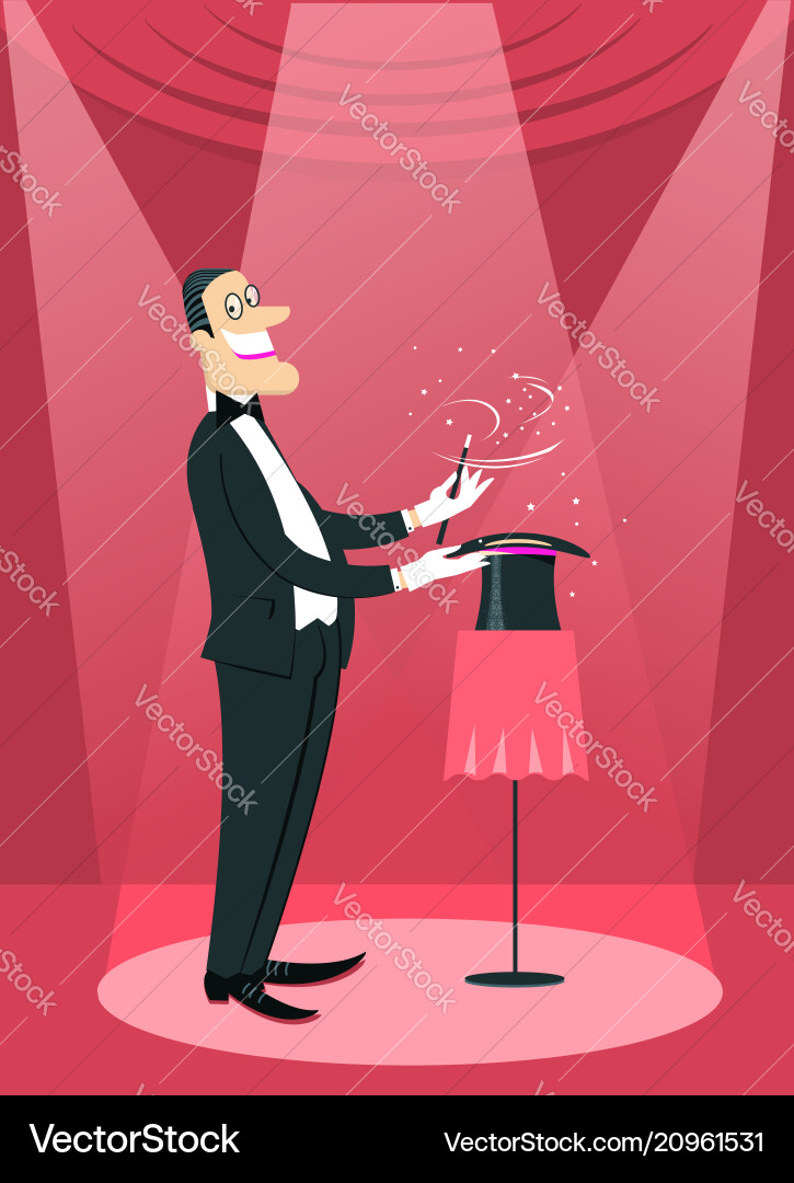 Magician man doing a trick with magic wand Vector Image