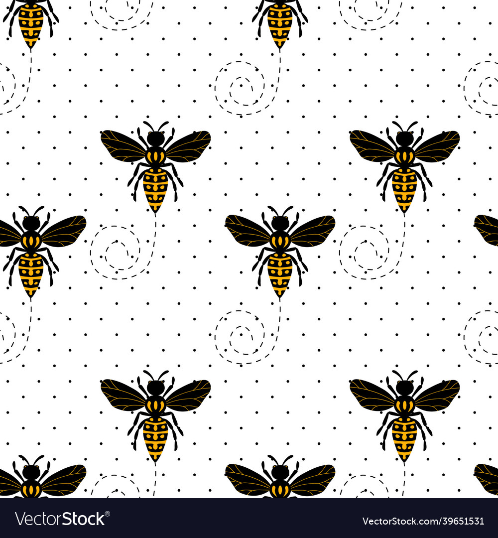 Seamless pattern with bees on white polka dots Vector Image